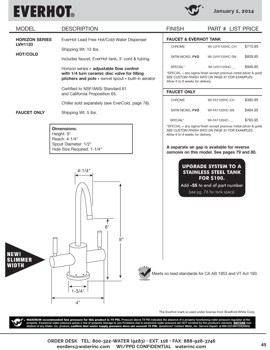 Water Inc WI-FA1120HC EverHot Lead Free Hot/Cold Faucet Only – Plumbing ...
